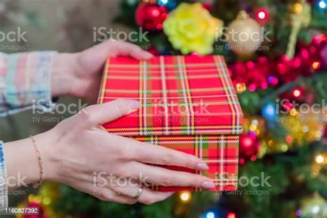 크리스마스 트리 배경에 빨간 선물 상자를 들고 여성의 손 크리스마스와 새해 개념입니다 12월에 대한 스톡 사진 및 기타 이미지 12월 갈란드 장식품 개념 Istock