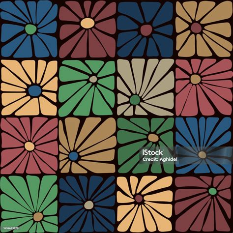 색깔 정사각형 꽃을 가진 까만 반복적인 배경 꽃 이음새가 없는 무늬 추상적 데이지의 벡터 일러스트레이션 직물 견본 포장지 가정