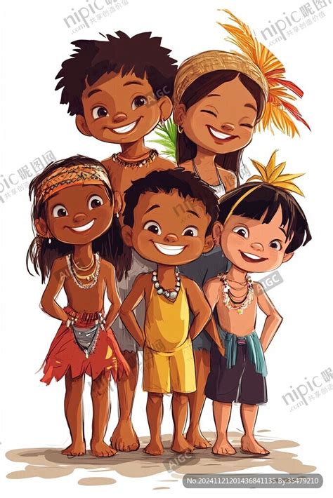 Ai创作图玻利尼西亚人 岛上的原住民 美拉尼西亚人 卡通布朗族人物 原始居民 菲律宾插画 基诺克族人物插画 原始土著居民 波利尼西亚人 土著小孩 少数民族男孩女孩 儿童全身像插画 密克罗尼西亚