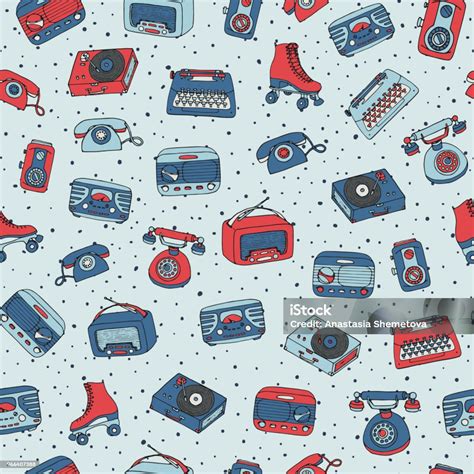 고 대 기술 라디오 타자기 롤러 스케이트 및 점선된 배경에 비닐 레코드 플레이어와 복고풍 원활한 패턴 벡터 1950 1959 년에 대한 스톡 벡터 아트 및 기타 이미지