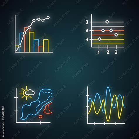 Chart And Graph Neon Light Icons Set Temperature Map Point And Figure Chart Seismic Activity