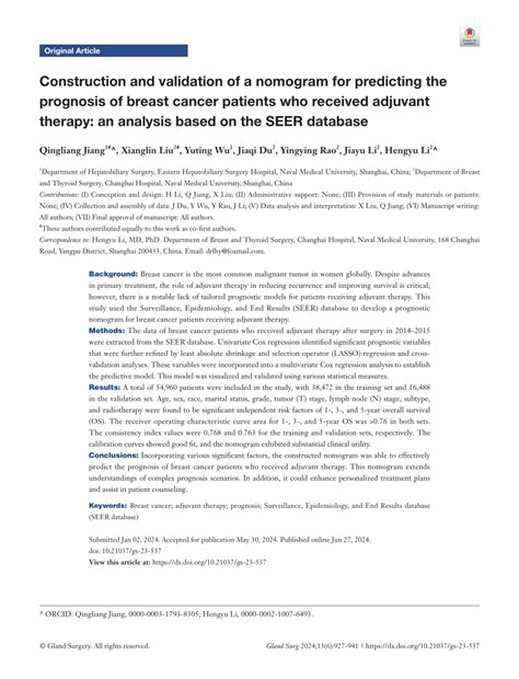 Pdf Construction And Validation Of A Nomogram For Predicting The Prognosis Of Breast Cancer