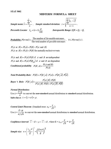 Stat5002 Midterm Test Formula Pdf