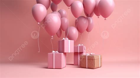 분홍색 배경에 있는 선물 옆에 있는 분홍색 풍선 분홍색 풍선에 매달려 있는 3d 렌더링 선물 상자 고화질 사진 사진 배경
