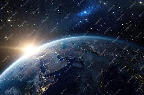 Stunning 3d Render Of Planet Earth Shining In The Night Sky Premium