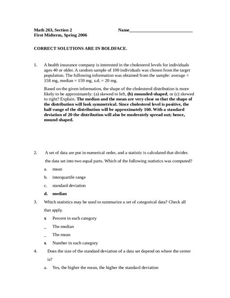 First Midterm Exam With Solutions Statistics And Biostatistics Math 263 Docsity