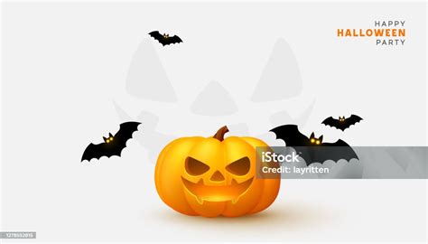 즐거운 할로윈 보내세요 무서운 미소 비행 박쥐와 현실적인 3d 오렌지 호박과 축제 배경 홀리데이 포스터 전단지 브로셔 및 템플릿 커버 벡터 일러스트레이션 공포 무서움에 대한