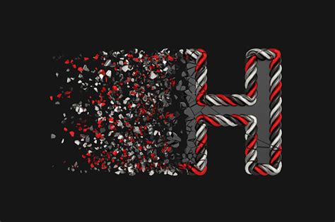 편지 H 3d 래스터 그림 산산조각이 어두운 배경에 폭발 효과 함께 트위스트 편지입니다 고립 된 디자인 요소입니다 3차원 형태에