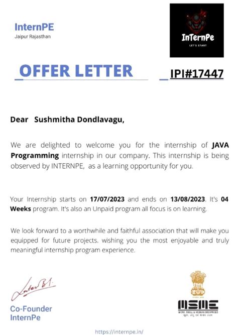 Dondlavagu Sushmitha On Linkedin Internship Java Internpe