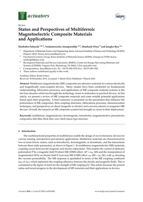 Pdf Status And Perspectives Of Multiferroic Magnetoelectric Composite Materials And Applications
