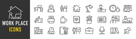 라인 스타일의 작업 장소 웹 아이콘입니다 온라인 회의 사무실 의자 테이블 원격 작업 숙제 펜 수집 벡터 그림입니다 고용과 노동에 대한 스톡 벡터 아트 및 기타 이미지