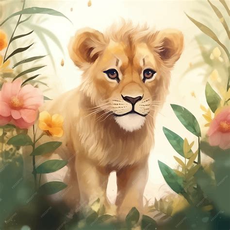 Cute Dibujos Animados De León Bebé En Estilo De Pintura De Acuarela