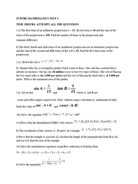 S5 Pure Mathematics Test 2 Pdf