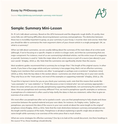 Sample Summary Mini Lesson Essay Example