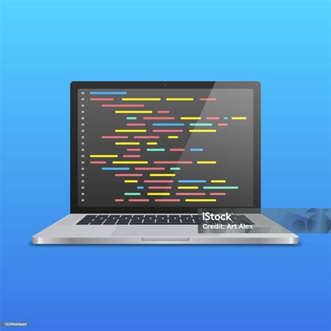 파란색 그라데이션 배경에 화면에 코드가있는 사실적인 노트북 웹 개발자 디자인 프로그래밍을 위한 개념입니다 벡터 그림입니다 Php