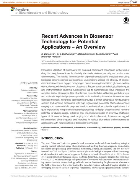 Recent Advances In Biosensor Technology For Potential Applications An Overview Docslib