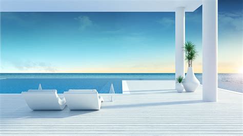 비치 라운지 일광욕 갑판 및 파노라마 바다 전망 럭셔리 빌라 전용 수영장 태양 Loungers 여름 3d 렌더링 가구에 대한