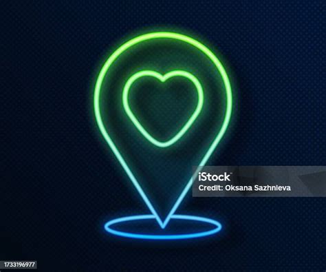 파란색 배경에 격리 된 하트 아이콘이있는 빛나는 네온 라인 맵 포인터 발렌타인 사랑 위치 로맨틱 지도 핀 벡터 개념에 대한 스톡 벡터 아트 및 기타 이미지 Istock