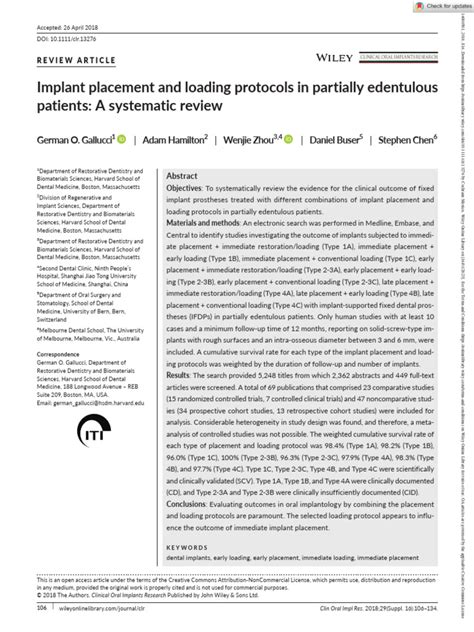 Clinical Oral Implants Res 2018 Gallucci Implant Placement And Loading Protocols In