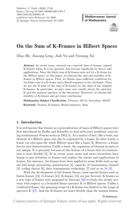 On The Sum Of K Frames In Hilbert Spaces Request Pdf