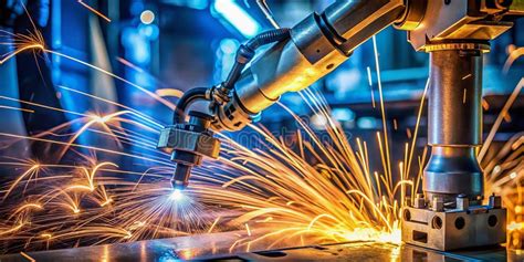 Precision Welding Robotic Arm In Action Demonstrating Advanced Industrial Automation Stock