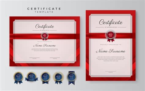 수상 비즈니스 및 교육 요구에 대한 고급 배지와 현대적인 라인 패턴이 있는 성취 테두리 템플릿의 빨간색 및 금색 인증서 프리미엄 벡터