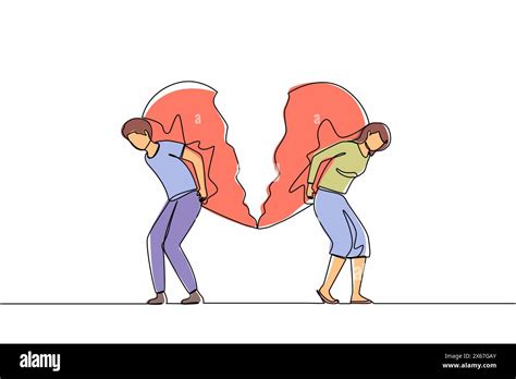 Single One Line Drawing Broken Heart Carried By Man And Woman Divorce