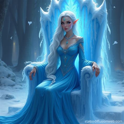 And Beautiful Half Elf Ice Queen With A Blue Dress On A Frozen Throne