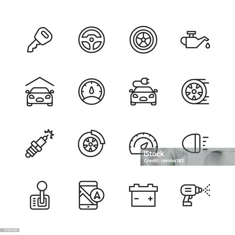 자동차 서비스 및 자동차 수리 상점 라인 아이콘 편집 가능한 스트로크입니다 픽셀 완벽한 모바일 및 웹용 자동차 사고 정비사 스티어링 휠 타이어 바퀴 자동차 오일 차고 속도계