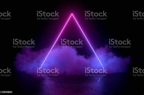 자외선 네온 조명 빈 프레임 우주 풍경 연기와 빛나는 터널 문 3d 추상적 인 배경 삼각형에 대한 스톡 사진 및 기타 이미지