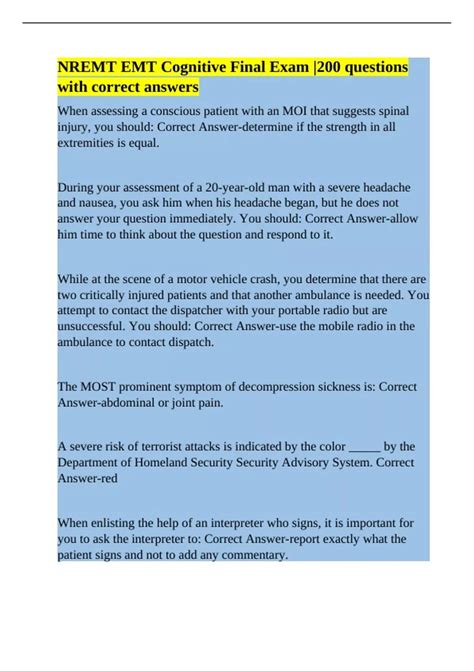 Nremt Emt Cognitive Final Exam 200 Questions With Correct Answers Nremt Stuvia Us