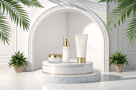 3d Rendered Luxury Pedestal For Cosmetic Products In A White Summer Aesthetic Stock Illustration