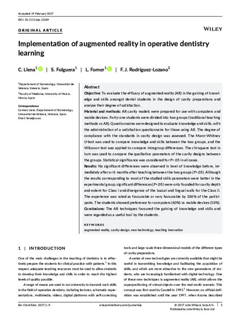 Pdf Implementation Of Augmented Reality In Operative Dentistry Learning