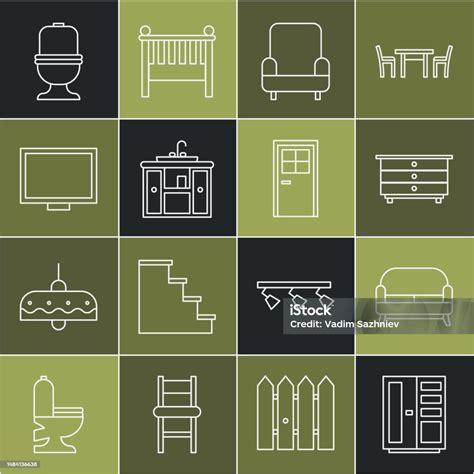 세트 라인 옷장 소파 가슴 서랍 안락의자 수도꼭지가 있는 세면대 캐비닛 테이블 위의 액자 변기 및 닫힌 문 아이콘 벡터 0명에 대한 스톡 벡터 아트 및 기타 이미지 Istock