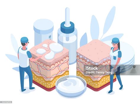 아이소 메트릭 미용사는 피부를 관리합니다 3d 표피 치료 미용사 의료 종사자는 피부 치료 절차 평면 벡터 삽화를 수행합니다 미용 스킨 케어 주사 피부 질환에 대한 스톡 벡터