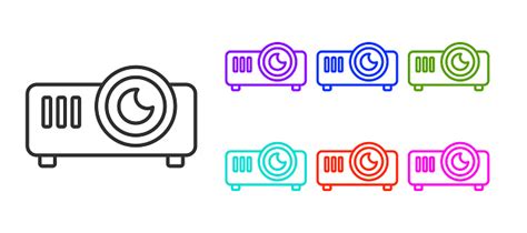 블랙 라인 프리젠 테이션 영화 영화 흰색 배경에 격리 미디어 프로젝터 아이콘 다채로운 아이콘을 설정합니다 벡터 일러스트레이션