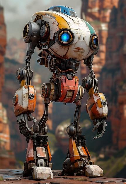 Premium Photo Robot Standing Ledge Directional Path Tracing Orange Cogwheel Details Markings