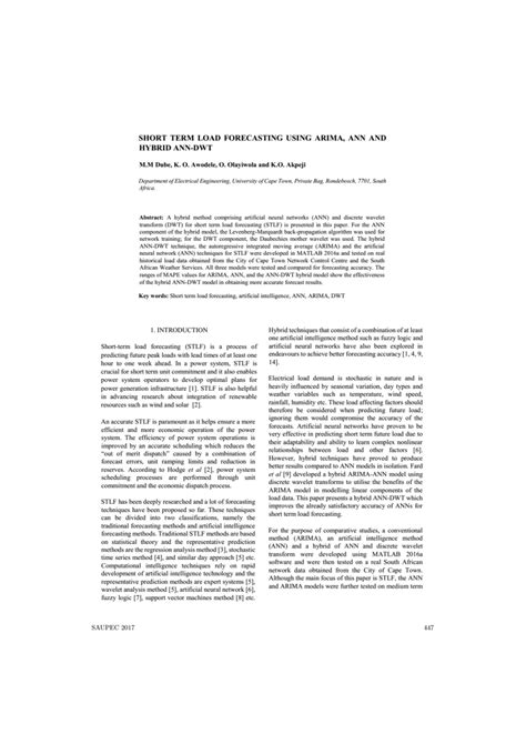 Pdf Short Term Load Forecasting Using Arima Ann And Hybrid Ann Dwt