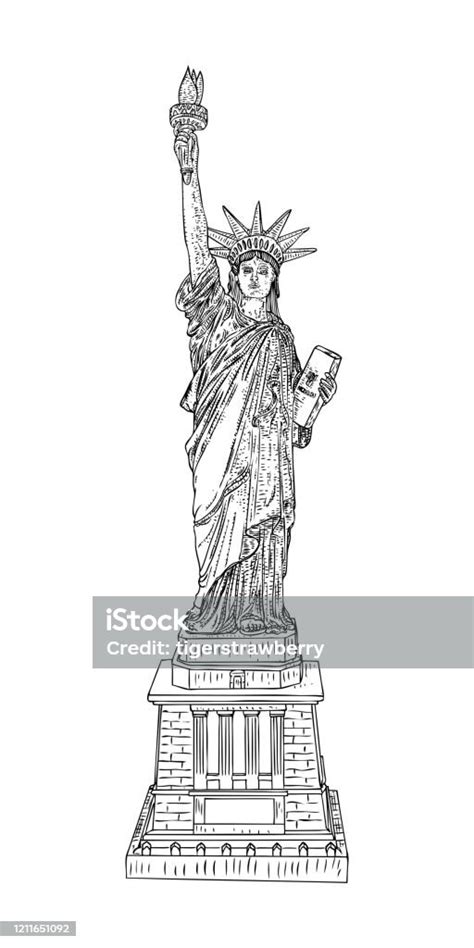 자유의 미국 동상 그림입니다 미국 뉴욕시 유명한 관광 랜드 마크입니다 포스터 또는 전단지 조각 일러스트 요소입니다 프리젠 테이션을위한 미국 기호의 손으로 그린 로고 벡터 0