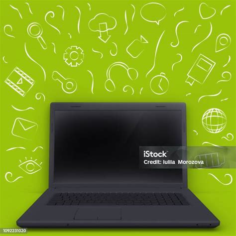 손으로 그린 코너 룸에 검은 노트북 기능 장치 요소 벽에 낙서 창의적인 그림 전면 보기입니다 3d 렌더링입니다 Lcd에 대한 스톡 사진 및 기타 이미지 Istock