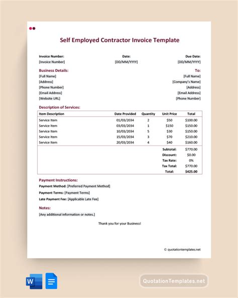 Self Employed Contractor Invoice Template Word Google Docs