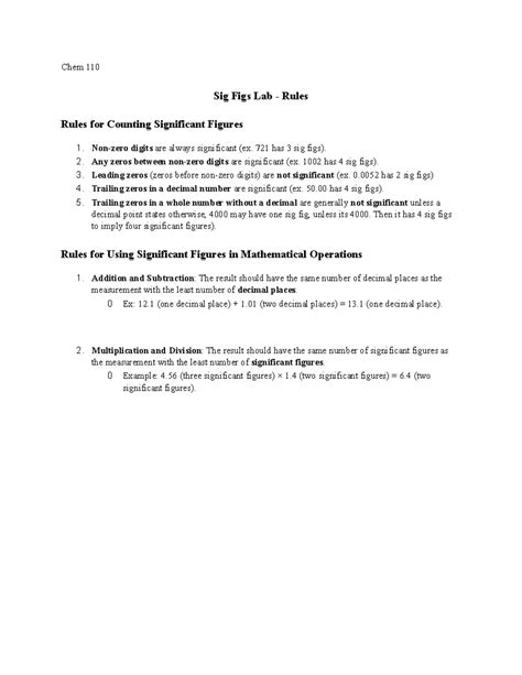 Sifig Lab Rules Sigfig Pre Lab Chem 110 Sig Figs Lab Rules Rules For Counting Significant