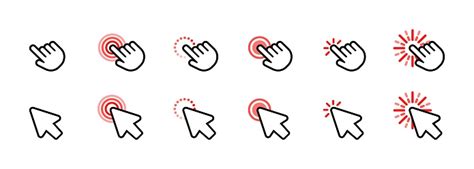 컴퓨터 마우스 클릭 커서 아이콘의 집합입니다 화살표 아이콘입니다 포인터 아이콘입니다 커서 배지 마우스 클릭 커서 컬렉션입니다 격리된 흰색 배경의 벡터입니다 Eps 10