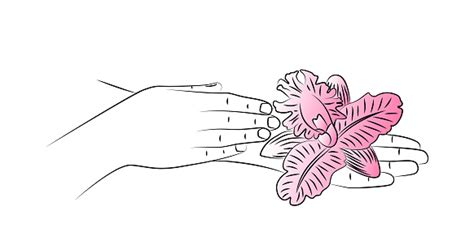 분홍색 난초 꽃 클로즈업이있는 아름다운 여성 손 손과 손톱 스파 트리트먼트를 관리하십시오 편안한 손 목욕과 자연 매니큐어를위한 시간 컨셉 유기농 스킨 케어 편집 가능한 선형