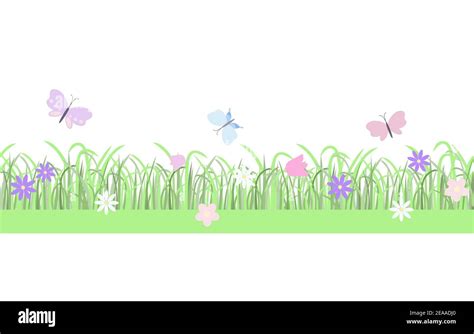 Easter Floral Composition Of Early Spring Green Grass With Cute Flowers Seamless Horizontal