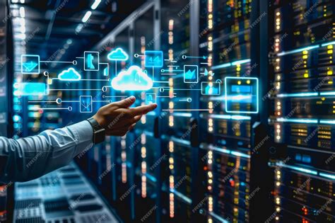 Person Using Holographic Cloud Interface In Hightech Data Center Premium Ai Generated Image