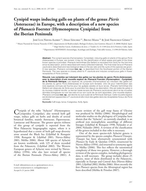 Pdf Cynipid Wasps Inducing Galls On Plants Of The Genus Picris Asteraceae In Europe With A