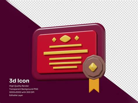 렌더 스타일의 고립된 레이어 투명한 배경으로 인증서 3d 아이콘 프리미엄 Psd 파일