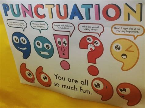 An Advertisement For Punctuation Is Displayed On A Yellow Tablecloth With Cartoon Faces And