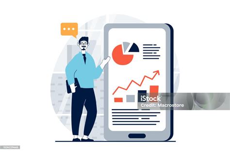 웹을 위한 플랫 디자인에서 사람들 장면이 있는 데이터 과학 개념입니다 인간은 차트와 그래프로 작업하며 모바일 앱에서 정보를